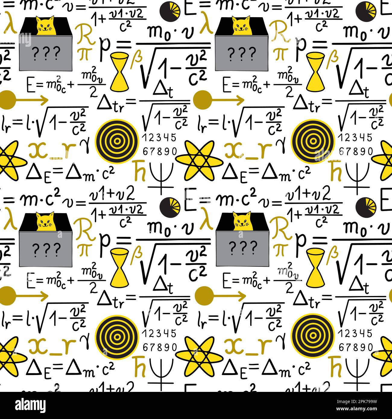 Seamless pattern with physics formula, symbols and Schrodingers cat ...
