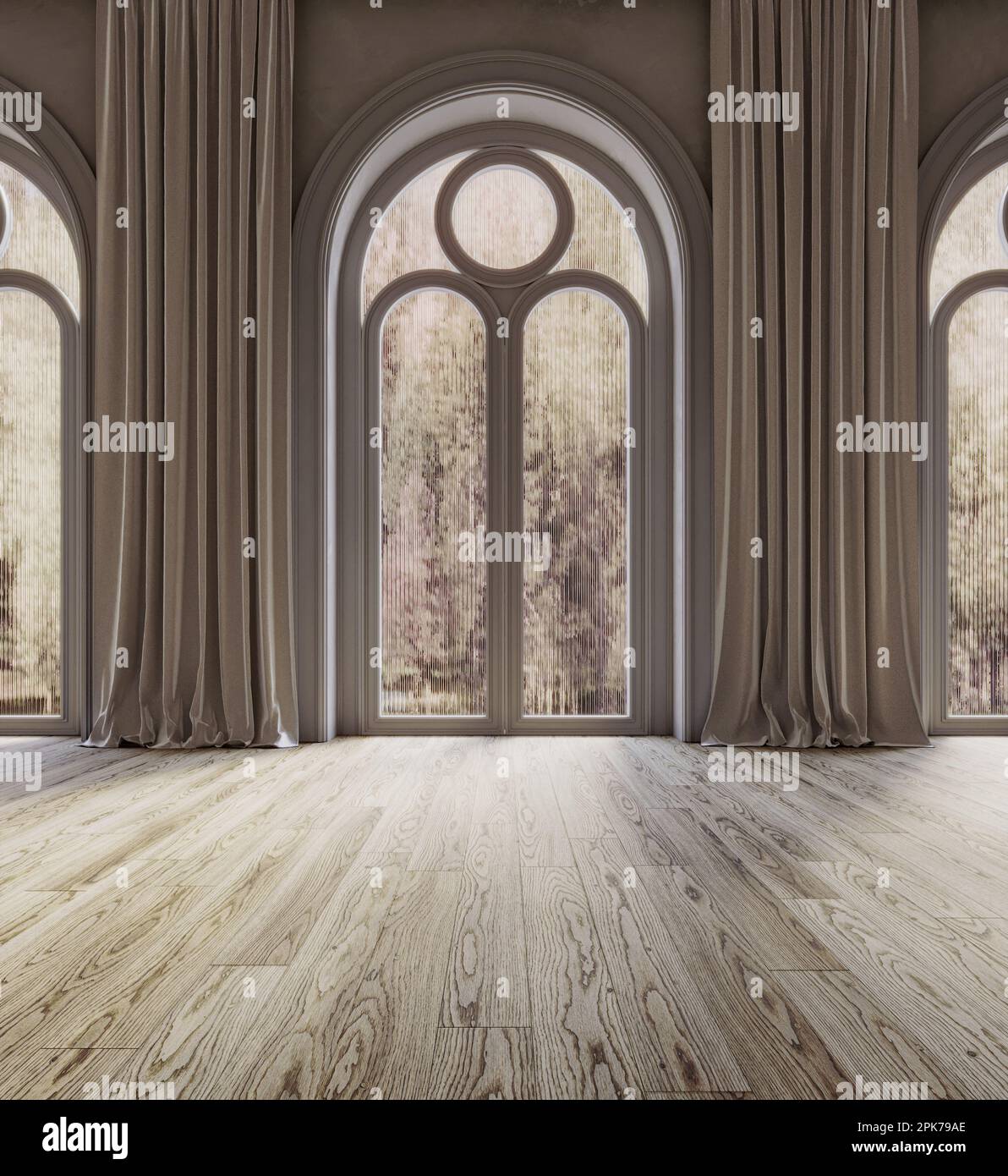 Cozy living room interior with arch windows and modern furniture Stock ...