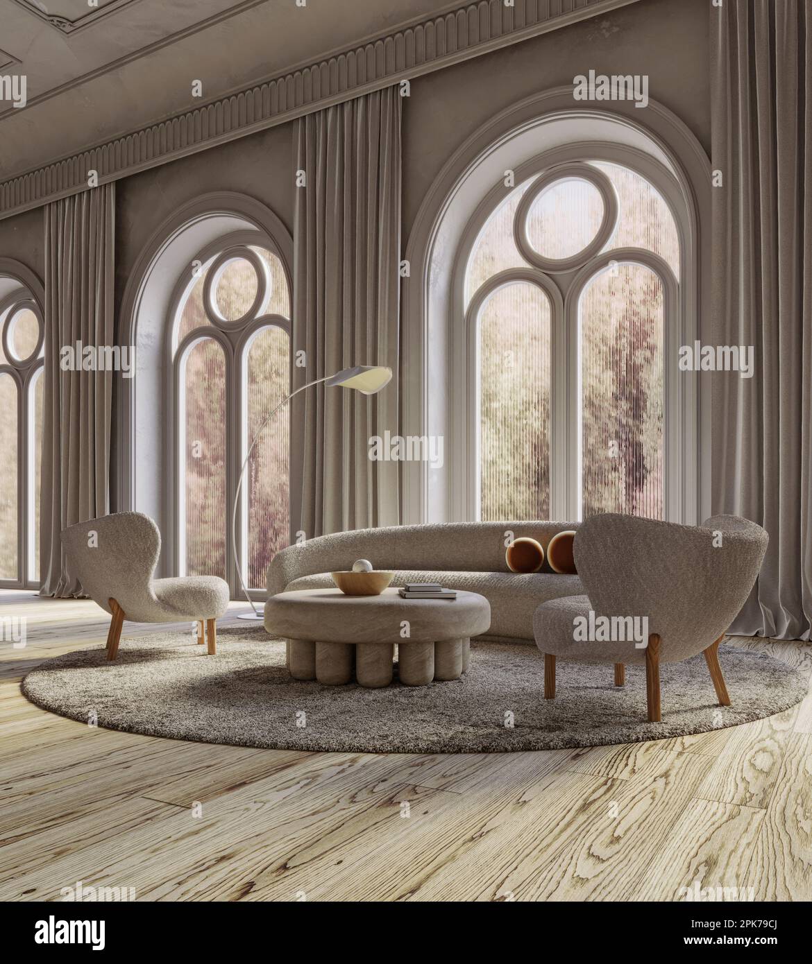 Cozy living room interior with arch windows and modern furniture Stock ...