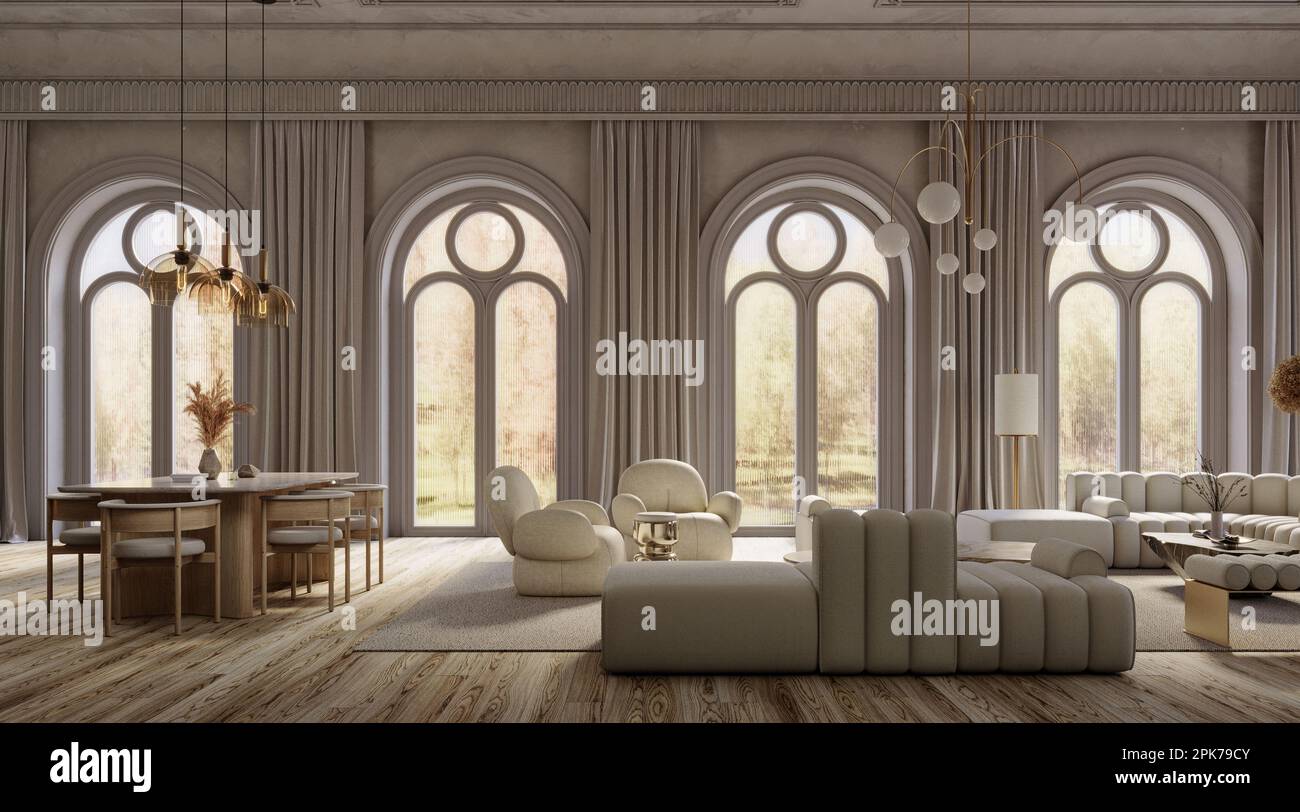 Cozy living room interior with arch windows and modern furniture Stock ...