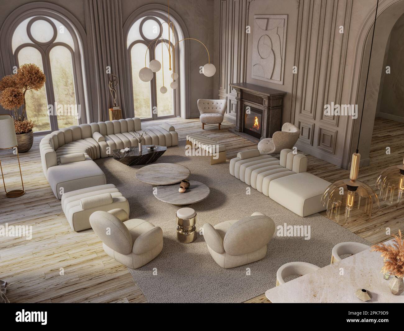 Cozy living room interior with arch windows and modern furniture Stock ...