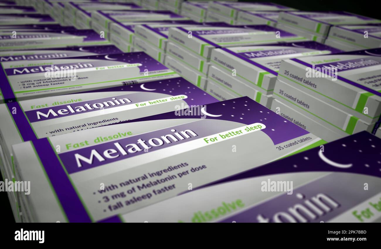 Melatonin tablets box production line. Medical sleeplessness help and ...