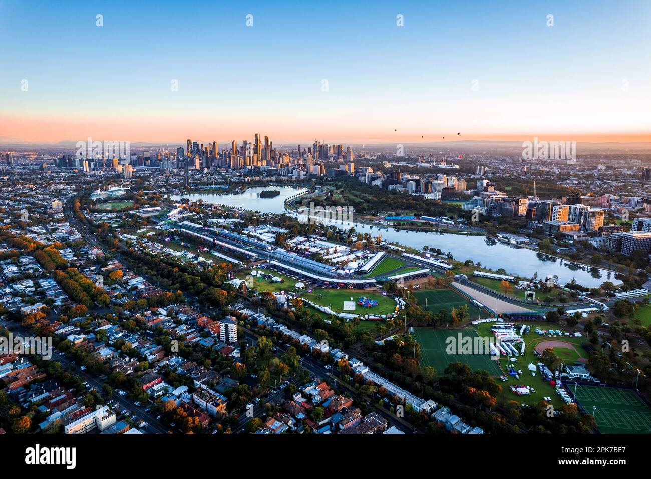 The aerial view of Albert Park formula track at sunrise. Melbourne ...