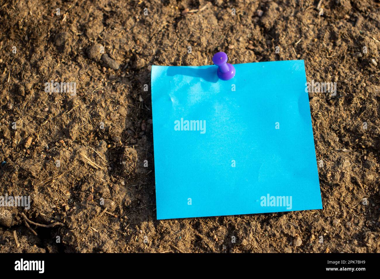 purple map pin blue square paper note on brown dried mud with empty ...