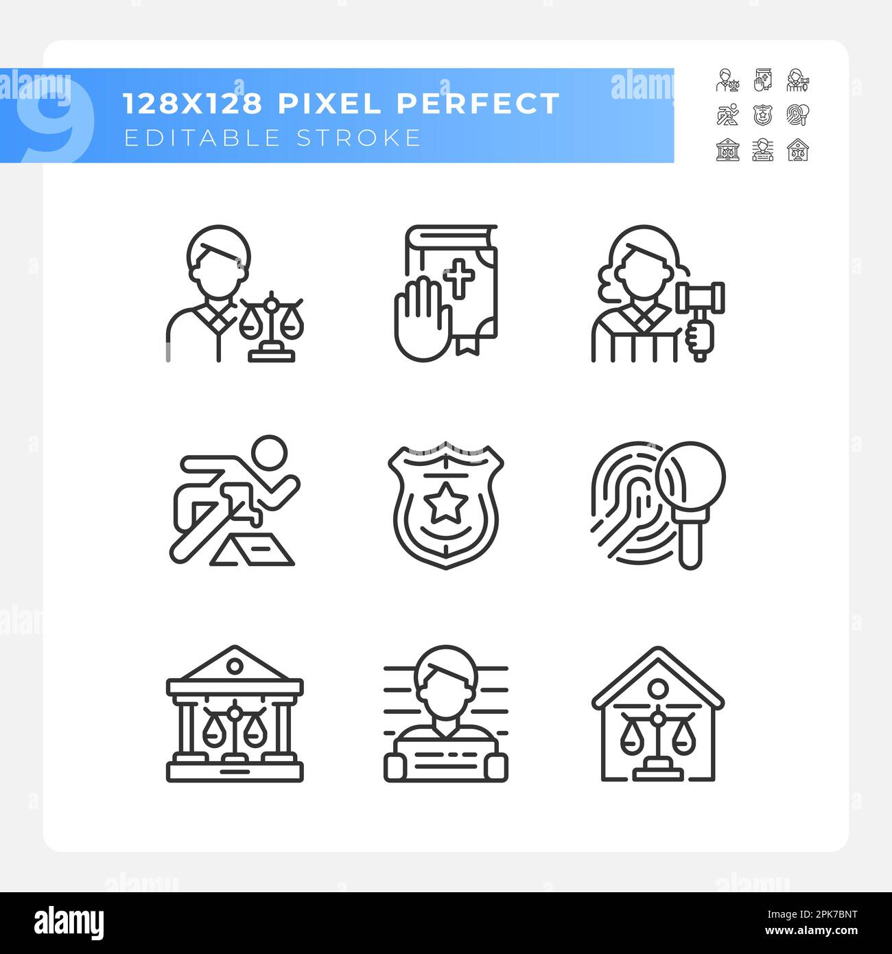 Law system and order control pixel perfect linear icons set Stock ...
