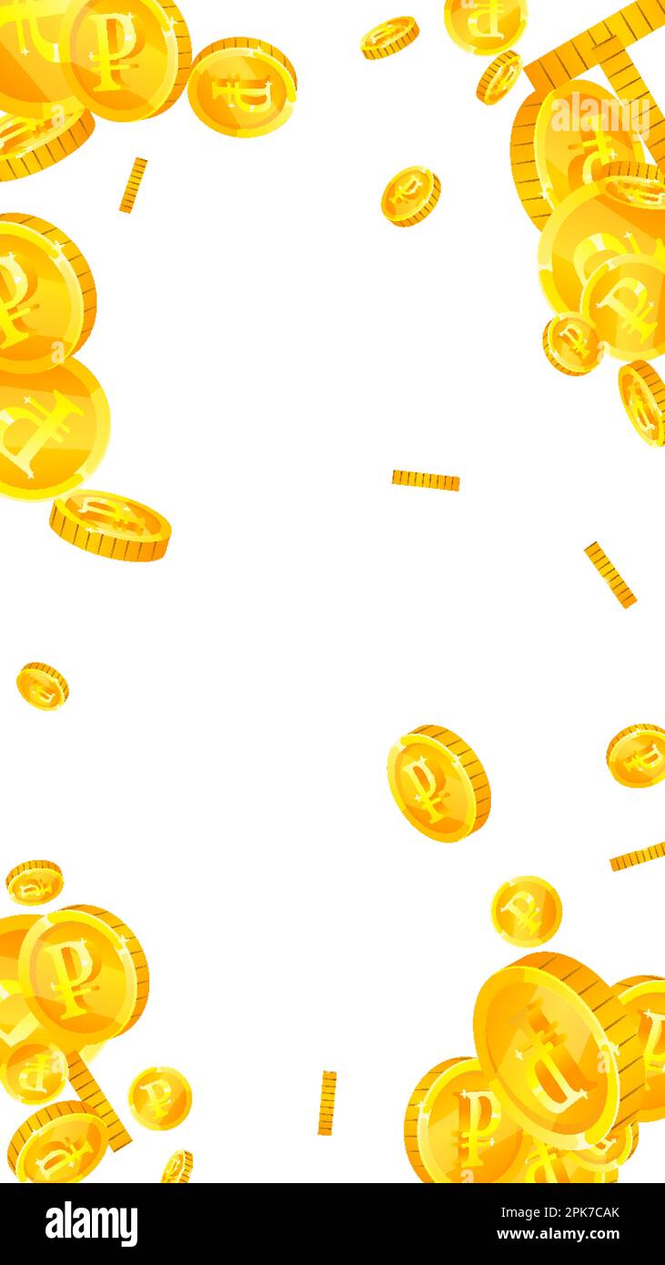 Russian ruble coins falling. Scattered gold RUB coins. Russia money ...