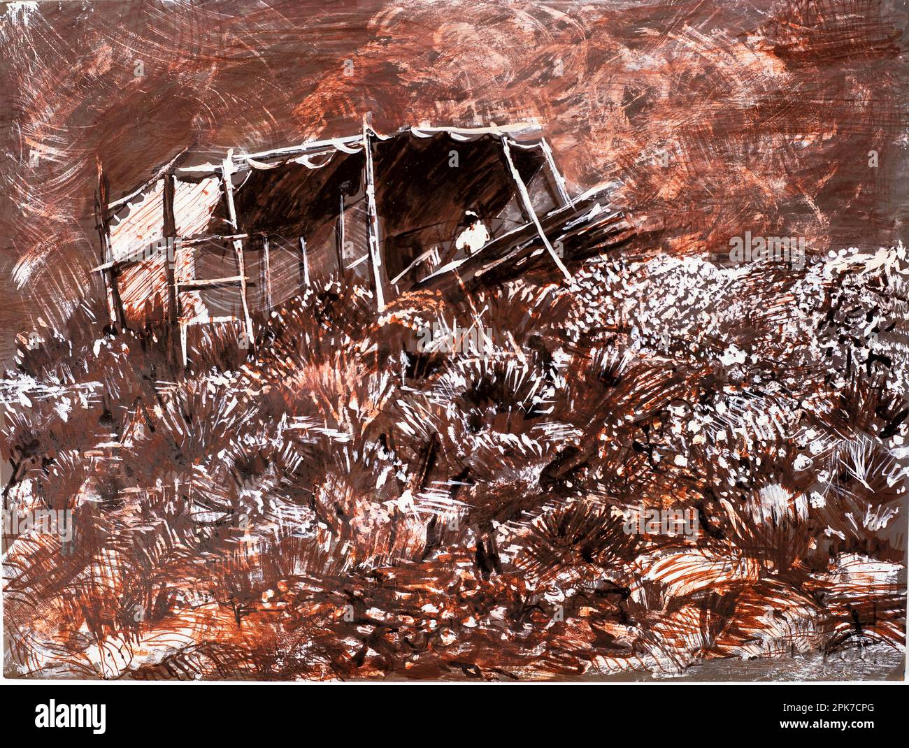 canopy with a man among flowering grasses sketch in ink and whitewash ...