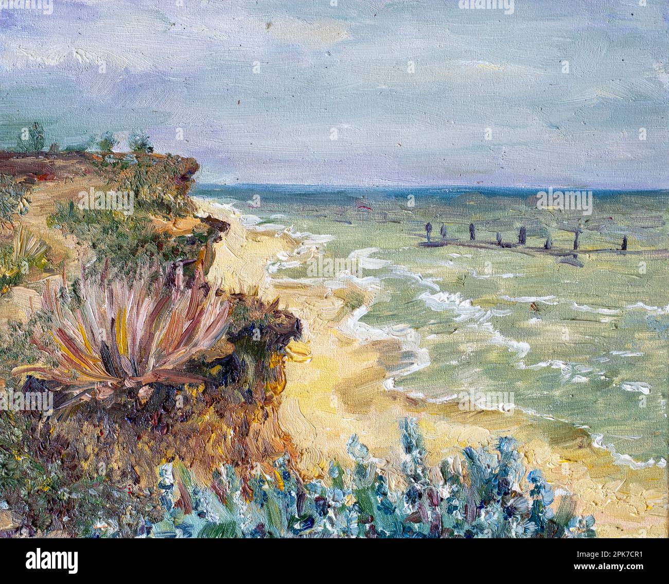 seascape with a shore in the daytime, hand-painted with oil paints ...