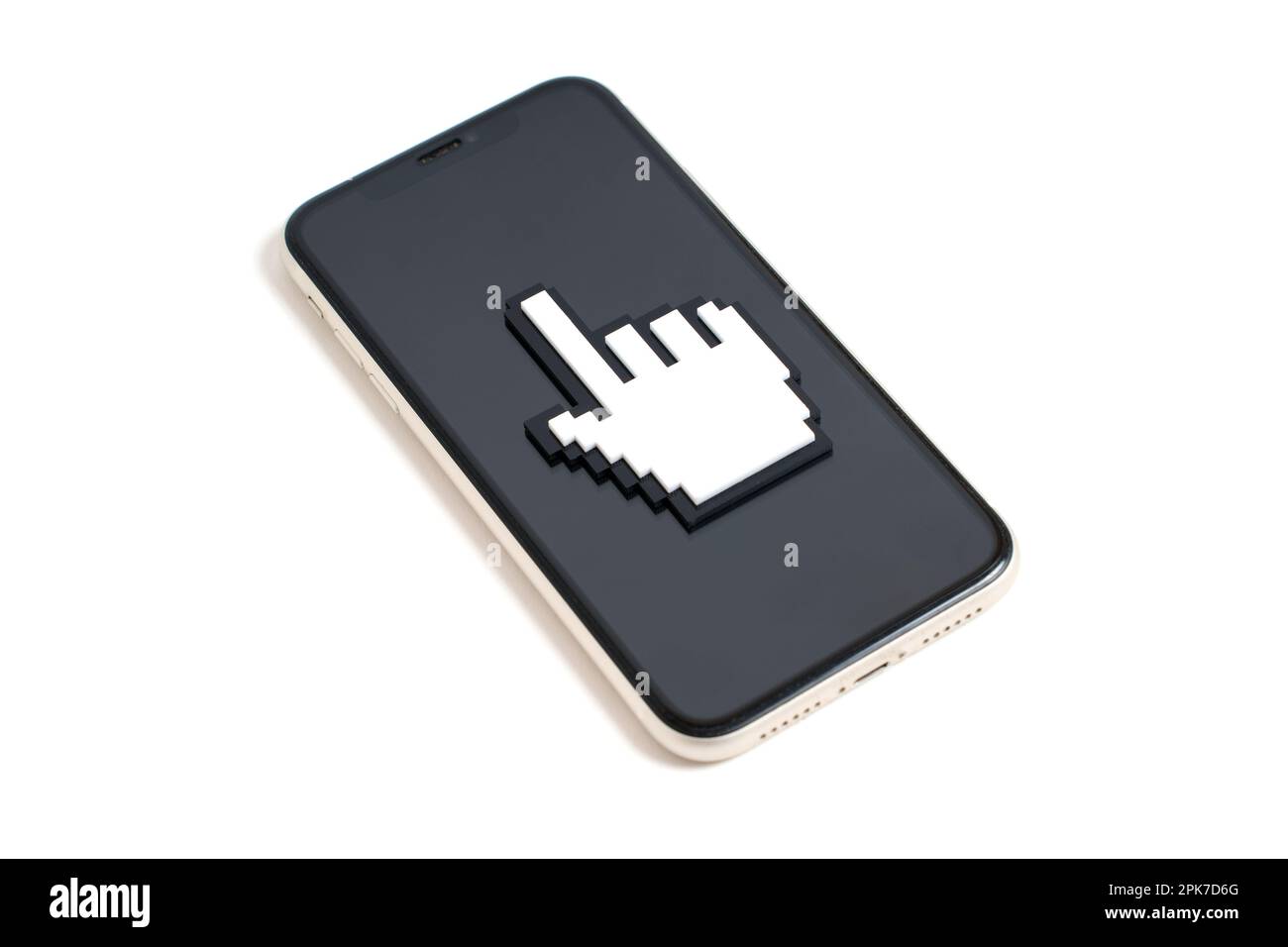 Pixelated plastic pointer cursor shape placed on a smartphone's screen ...