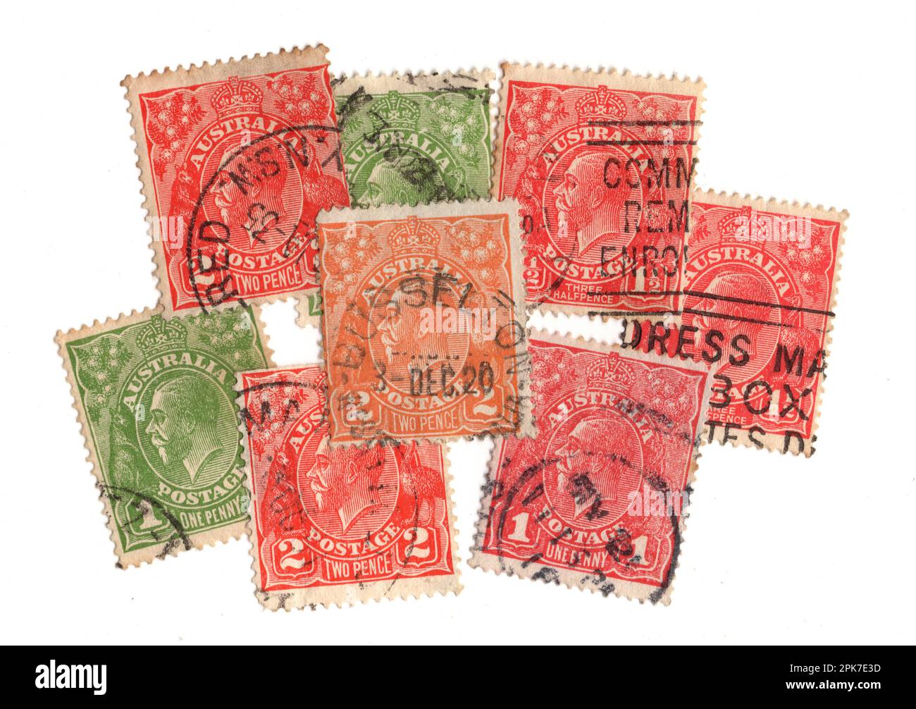 Vintage George V postage stamps from Australia isolated on a white ...