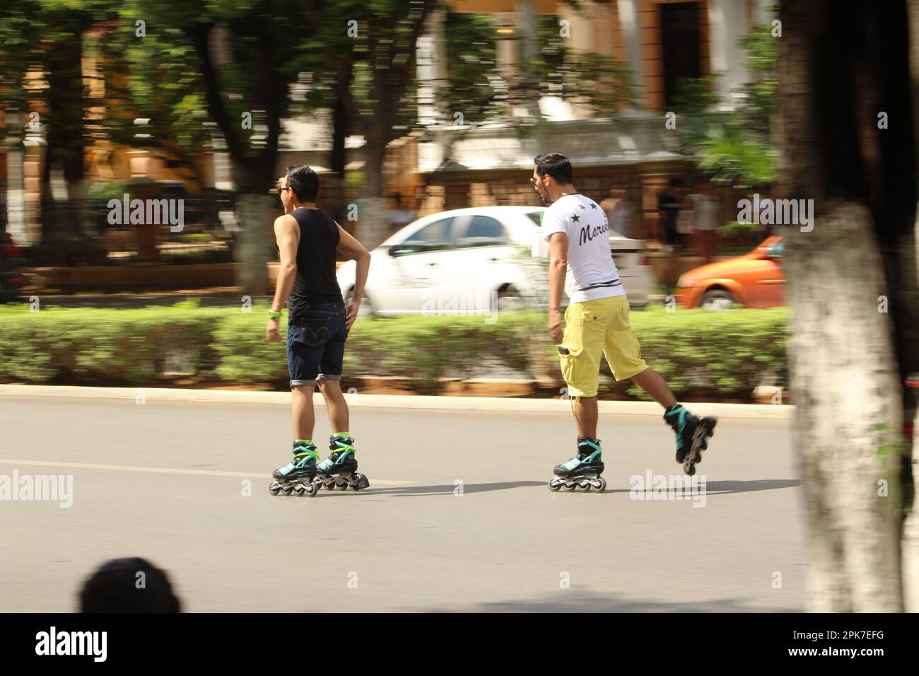 MERIDA, MEXICO - OCTOBER 23, 2016 Sunday skating on the Paseo de ...