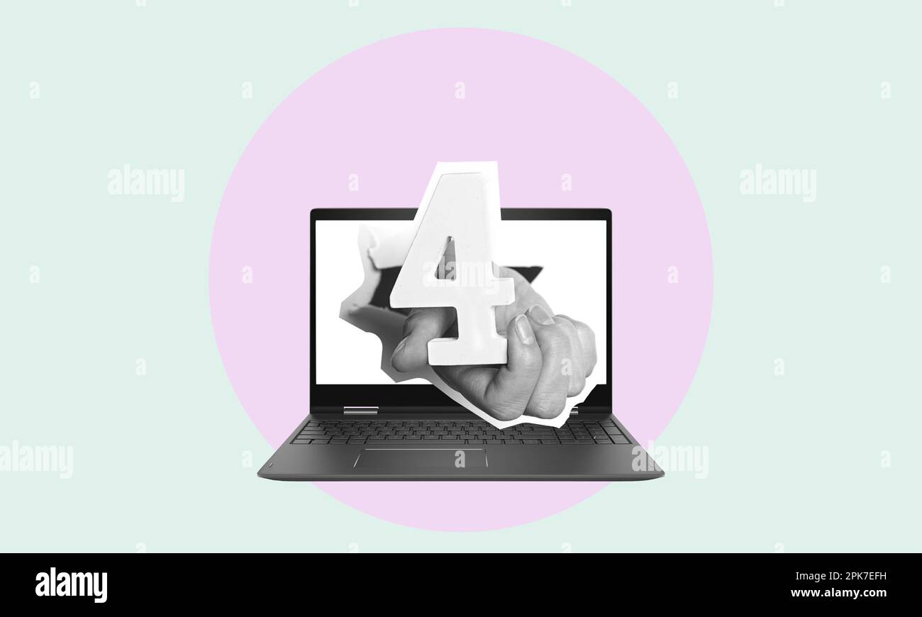 Art collage, the hand with the number four from a notebook on a light ...