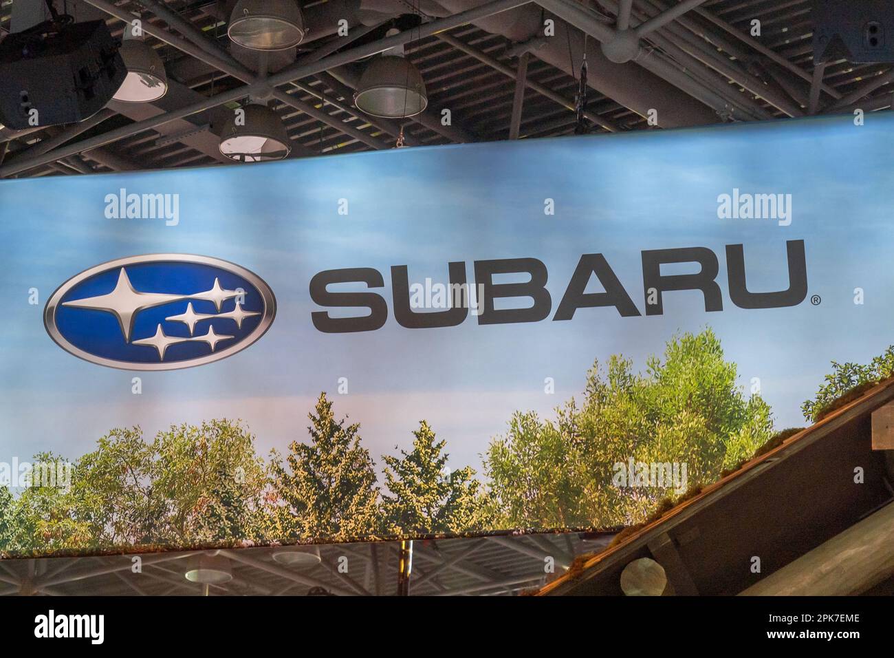 NEW YORK, NEW YORK - APRIL 05: The Subaru logo and name seen at the ...
