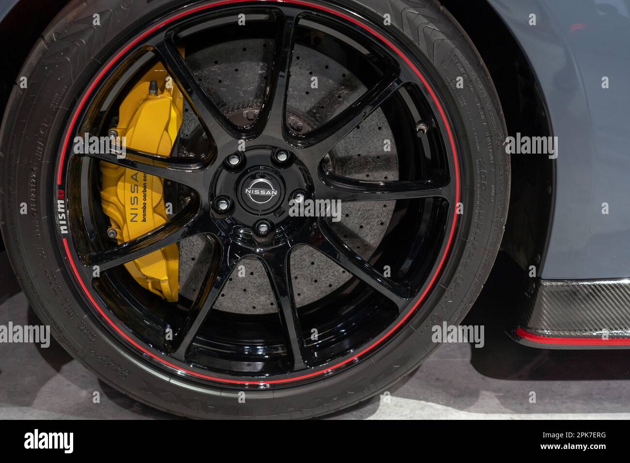 NEW YORK, NEW YORK - APRIL 05: A racing Nissan GT-R, brake detail, seen ...