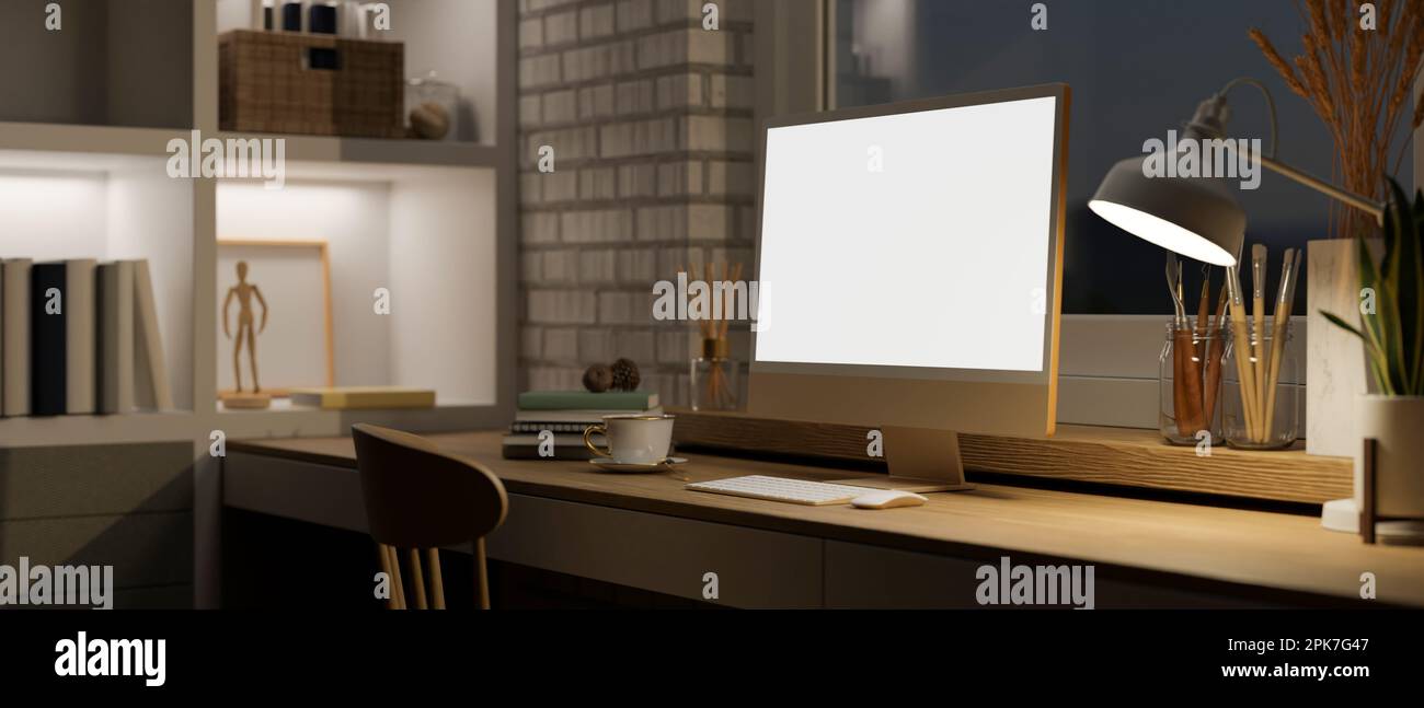 Interior design of modern home workspace at night with computer mockup and accessories on table ...