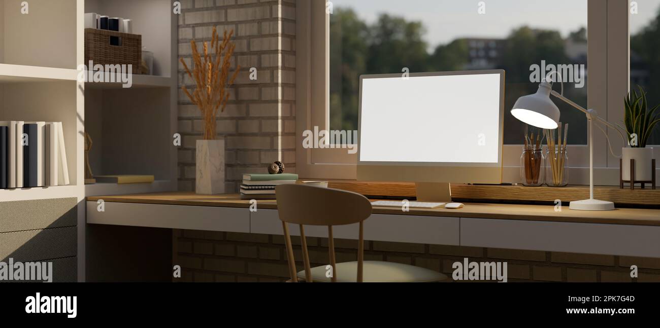 Modern contemporary home workspace interior design with computer white ...