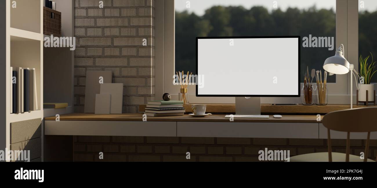 Comfortable home workspace interior design with computer white screen ...