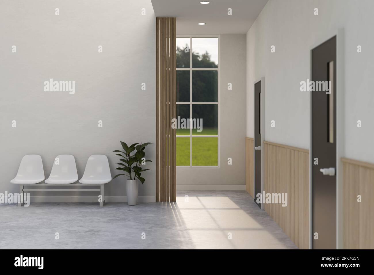 Modern minimal clinic or hospital corridor with waiting area interior ...