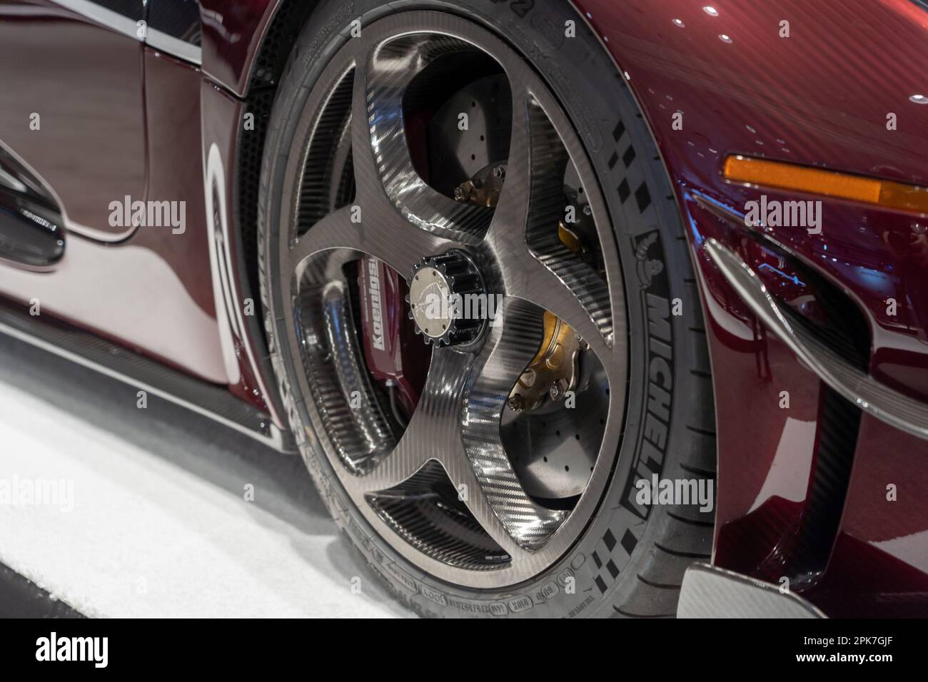 NEW YORK, NEW YORK - APRIL 05: A Koenigsegg, wheel detail, seen at the ...