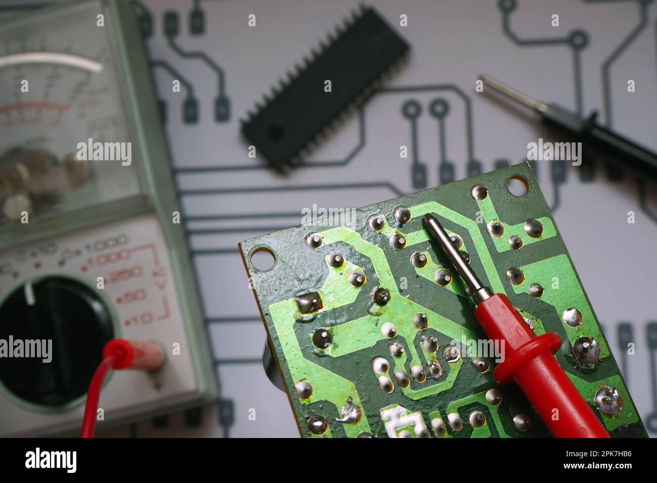 Electronic repairing bench. Electronic circuit board with blurred ...