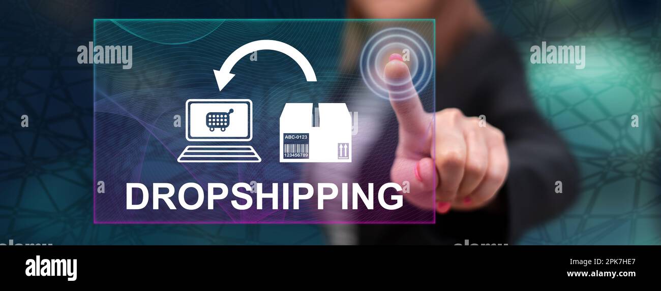 Woman touching a dropshipping concept on a touch screen with her finger ...