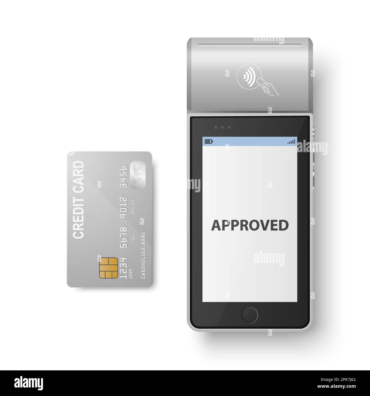 Vector 3d Gray NFC Payment Machine with Approved Status and Red Credit Card. Wi-fi, Wireless ...