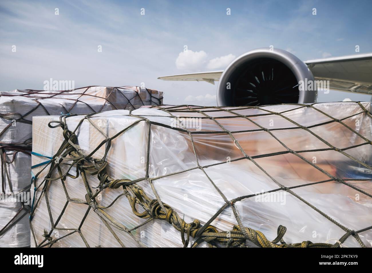 Preparation airplane at airport. Loading of cargo containers against ...