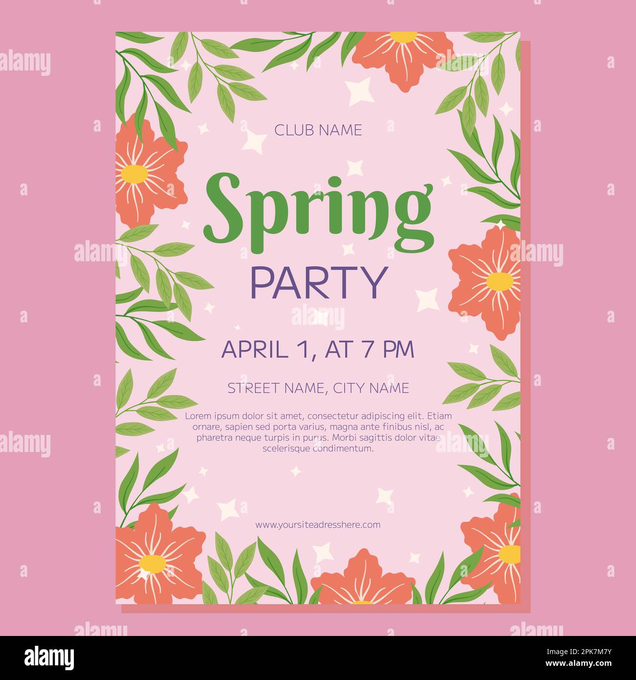 Party poster template with pink flowers and green leaves framing a pink ...
