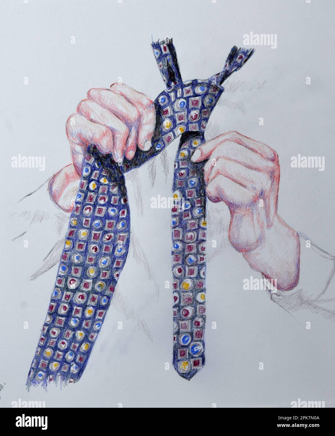 Coloured Pencil drawing of hands doing up a neck tie Stock Photo - Alamy