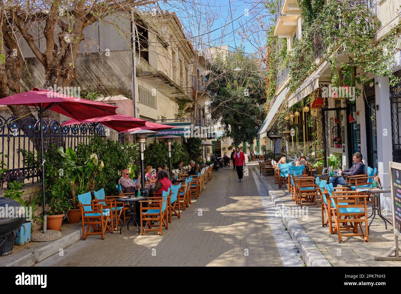 Restaurants in side street in Plaka distict, Athens in spring Stock ...