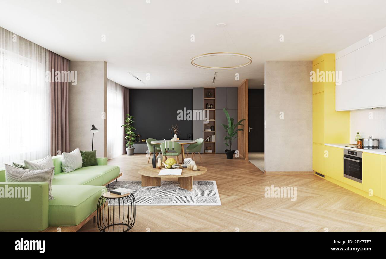 3D illustration of bright studio apartment Stock Photo - Alamy