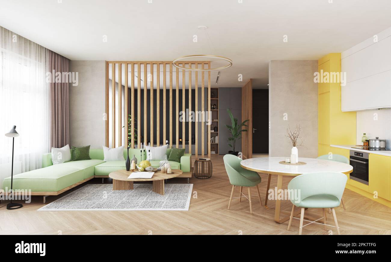 3D illustration of bright studio apartment Stock Photo - Alamy