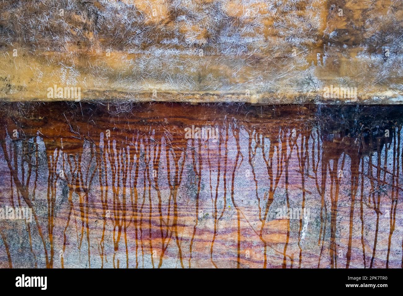 Dripping paint rivulets on repaired fiberglass, mottled and striped ...