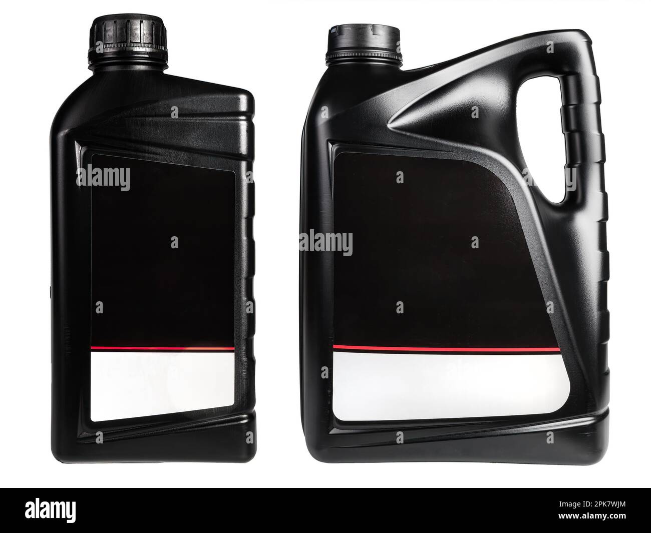 Closeup of two black plastic containers isolated on white background. Small and big bottle to ...