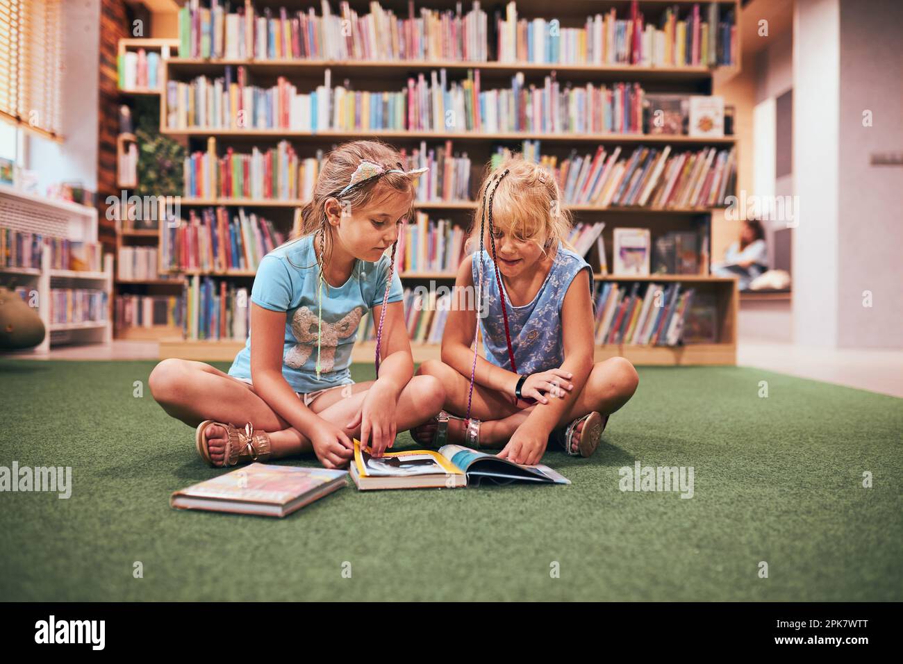 Two primary students reading books in school library. Schoolgirls ...