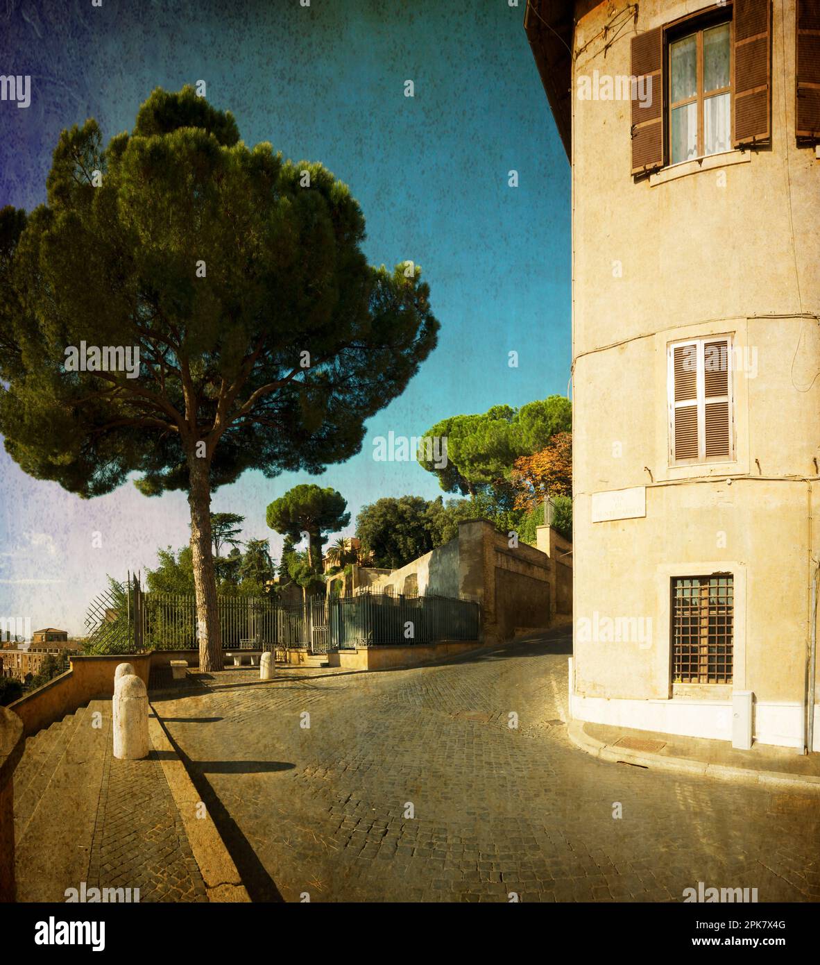 Street scene in central Rome, with texture screen to enhance the ...