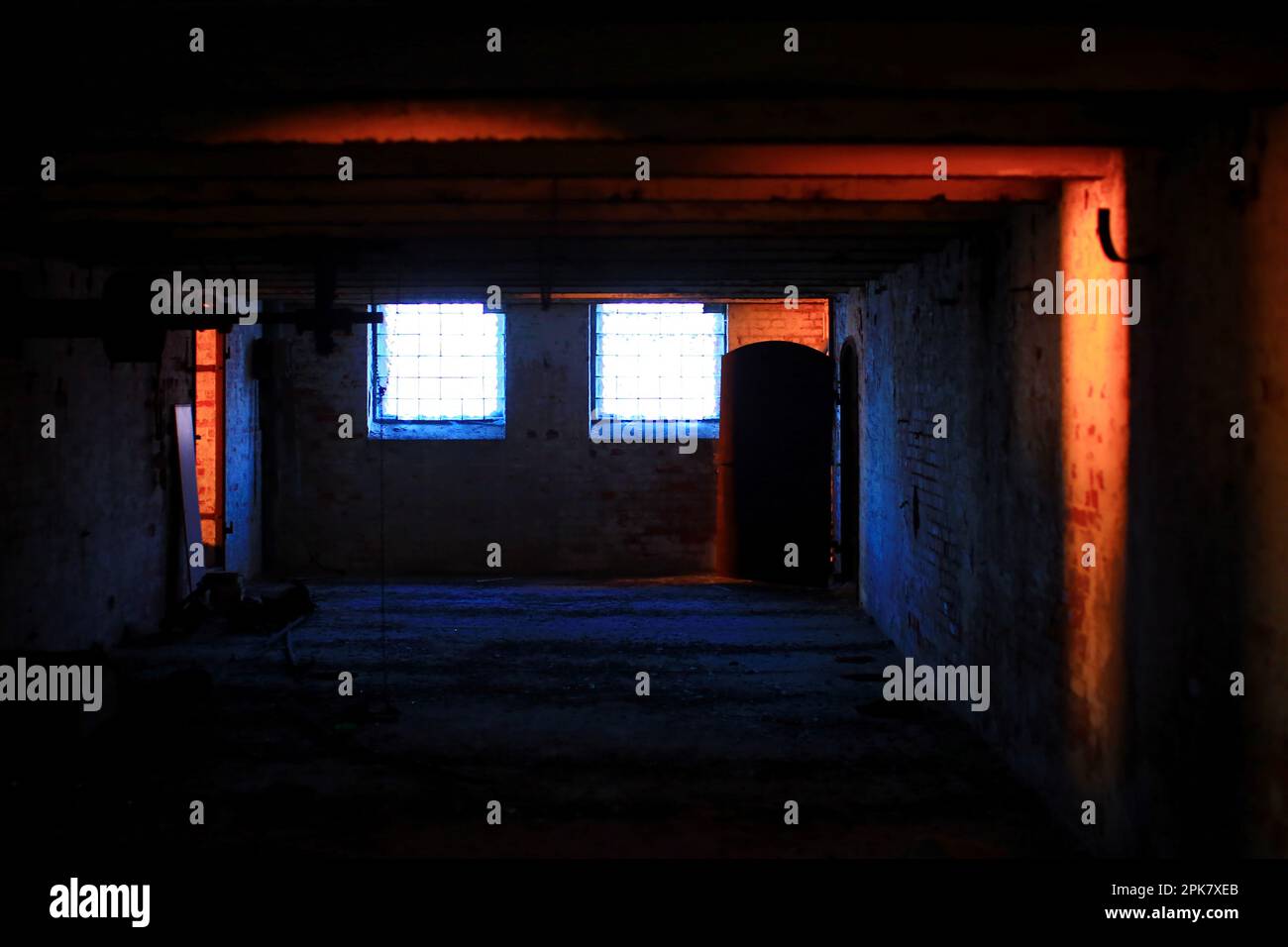 Grungy corridor with unusual daylight in blue and orange Stock Photo ...