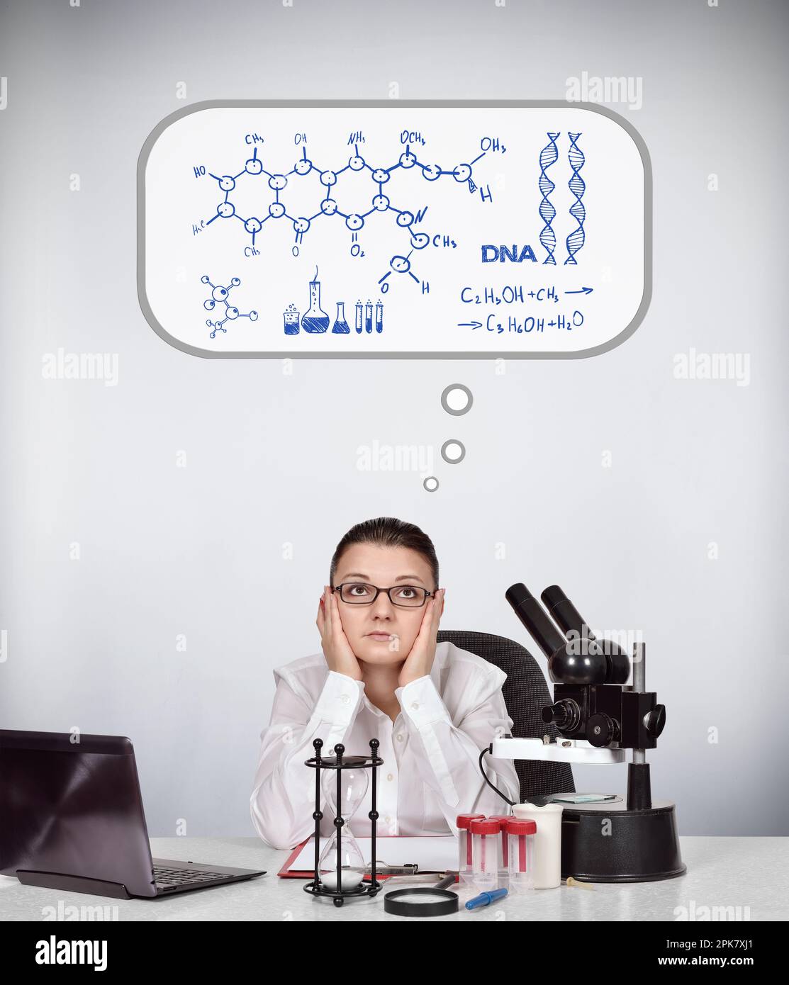 scientific researcher woman thinking about creating new medicament ...