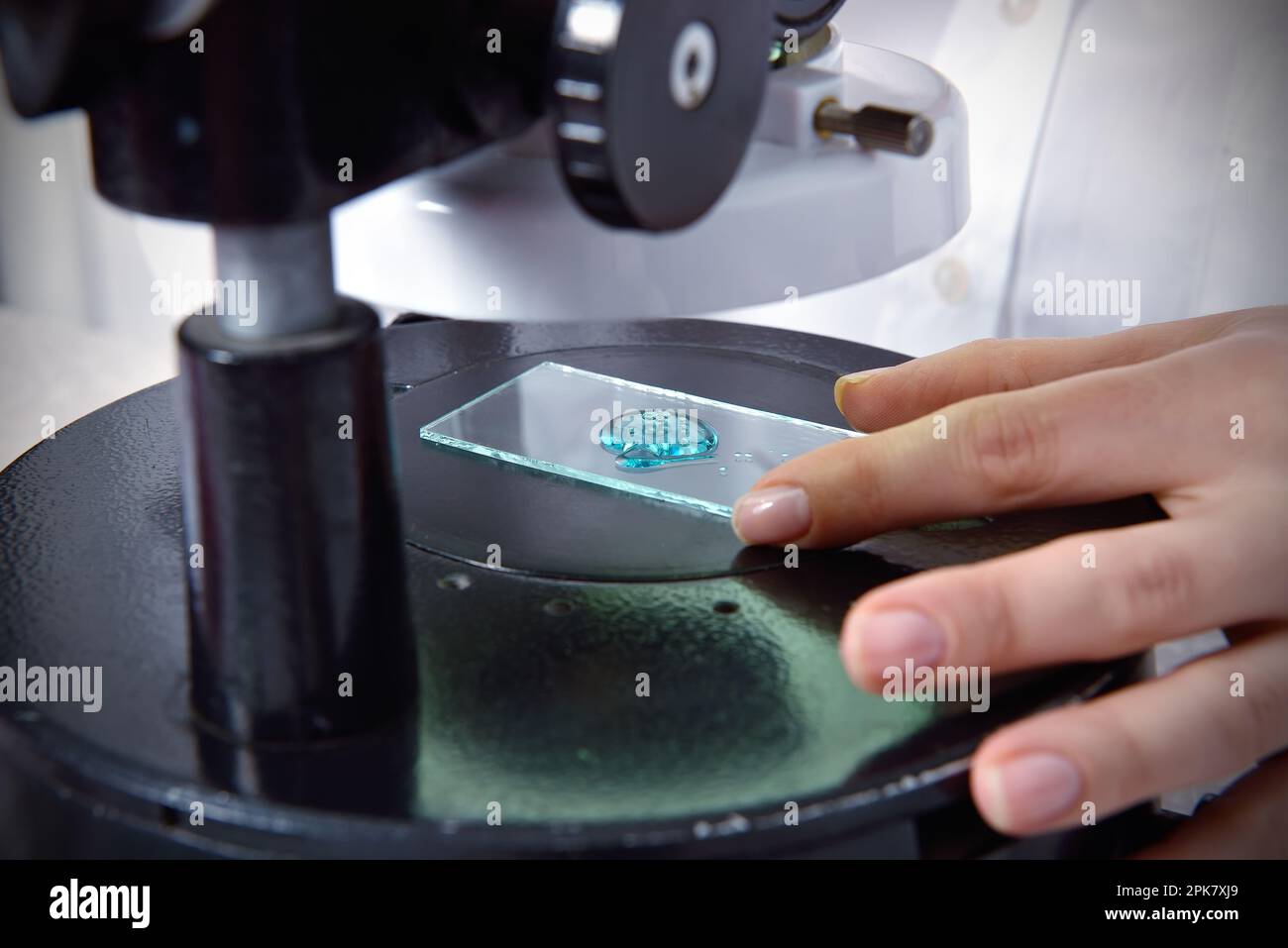 Laboratory worker examines a sample of a chemical through a microscope ...