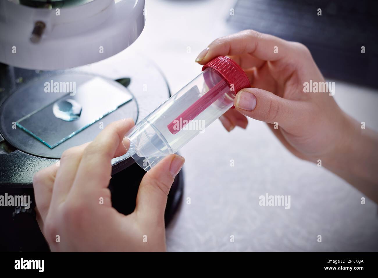 Scientist chemist examines the sample under a microscope Stock Photo ...