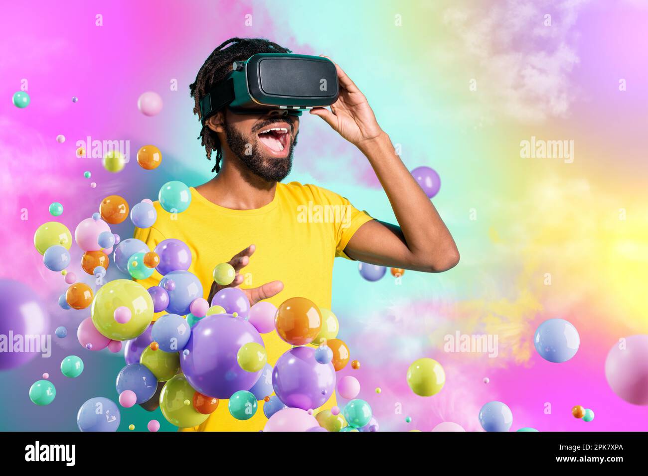 Composite collage picture of excited funky guy experience virtual ...
