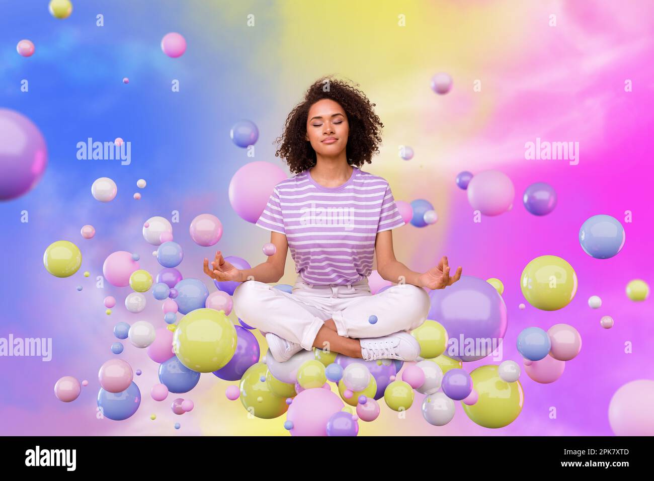 Creative collage picture of peaceful girl meditate floating colorful ...