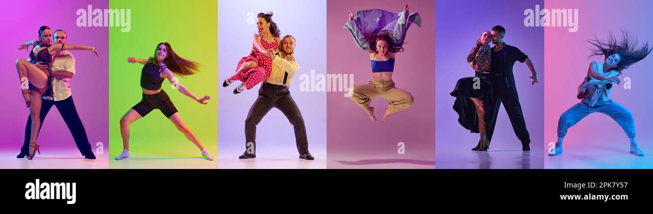Set of images of young active people dancing different dance styles ...