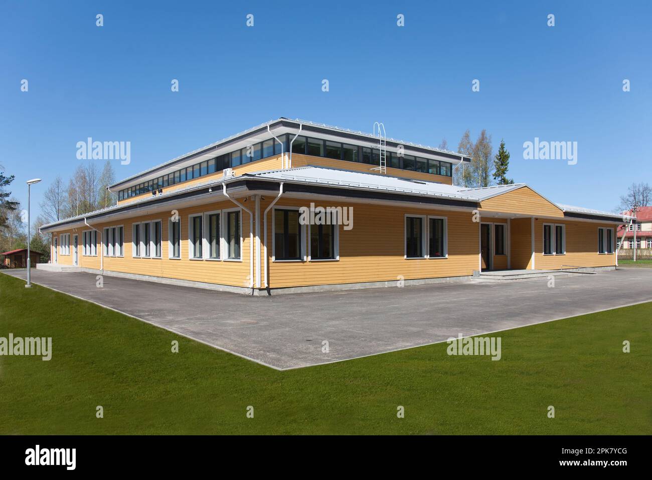 The exterior of a modern school building, single storey building with ...