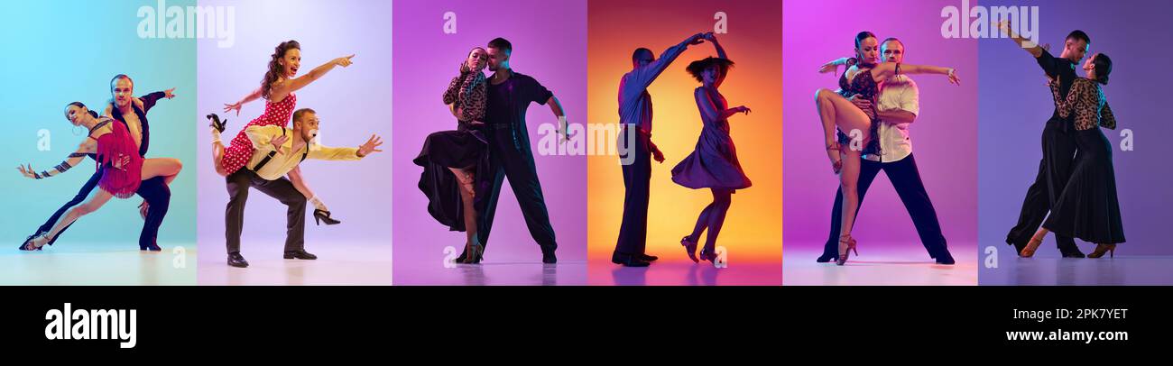 Set of dynamic images of young couples, men and women in stylish ...