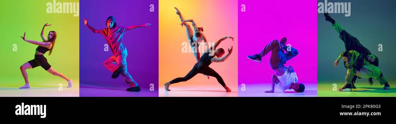 Set of artistic young people, men and women dancing contemporary dance ...