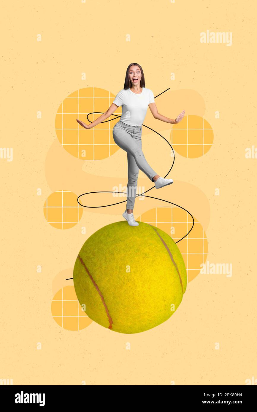 Vertical collage picture of cheerful overjoyed mini girl stand huge ... Vertical collage picture of cheerful overjoyed mini girl stand huge ...