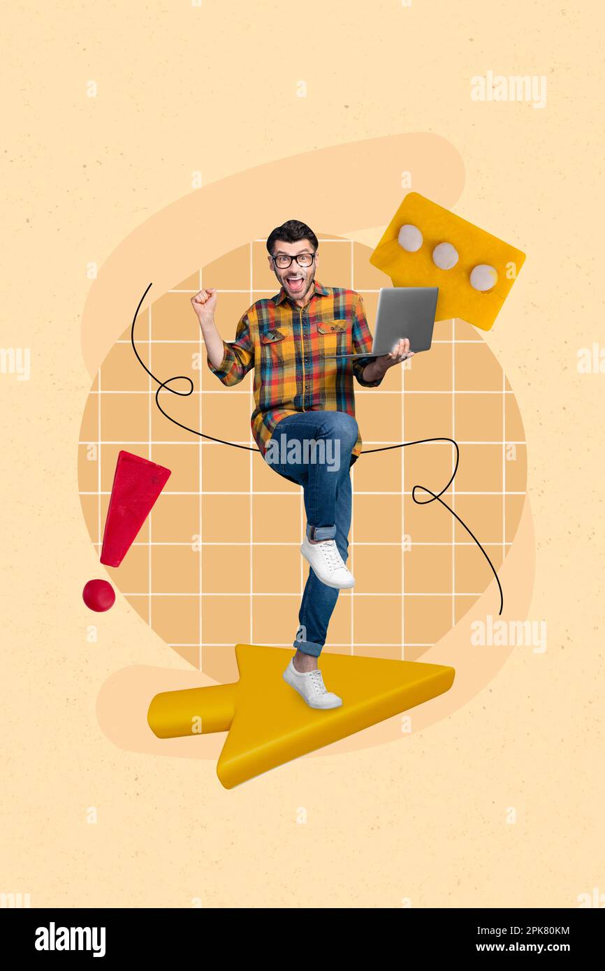 Vertical collage picture of excited mini guy stand big arrow cursor ...