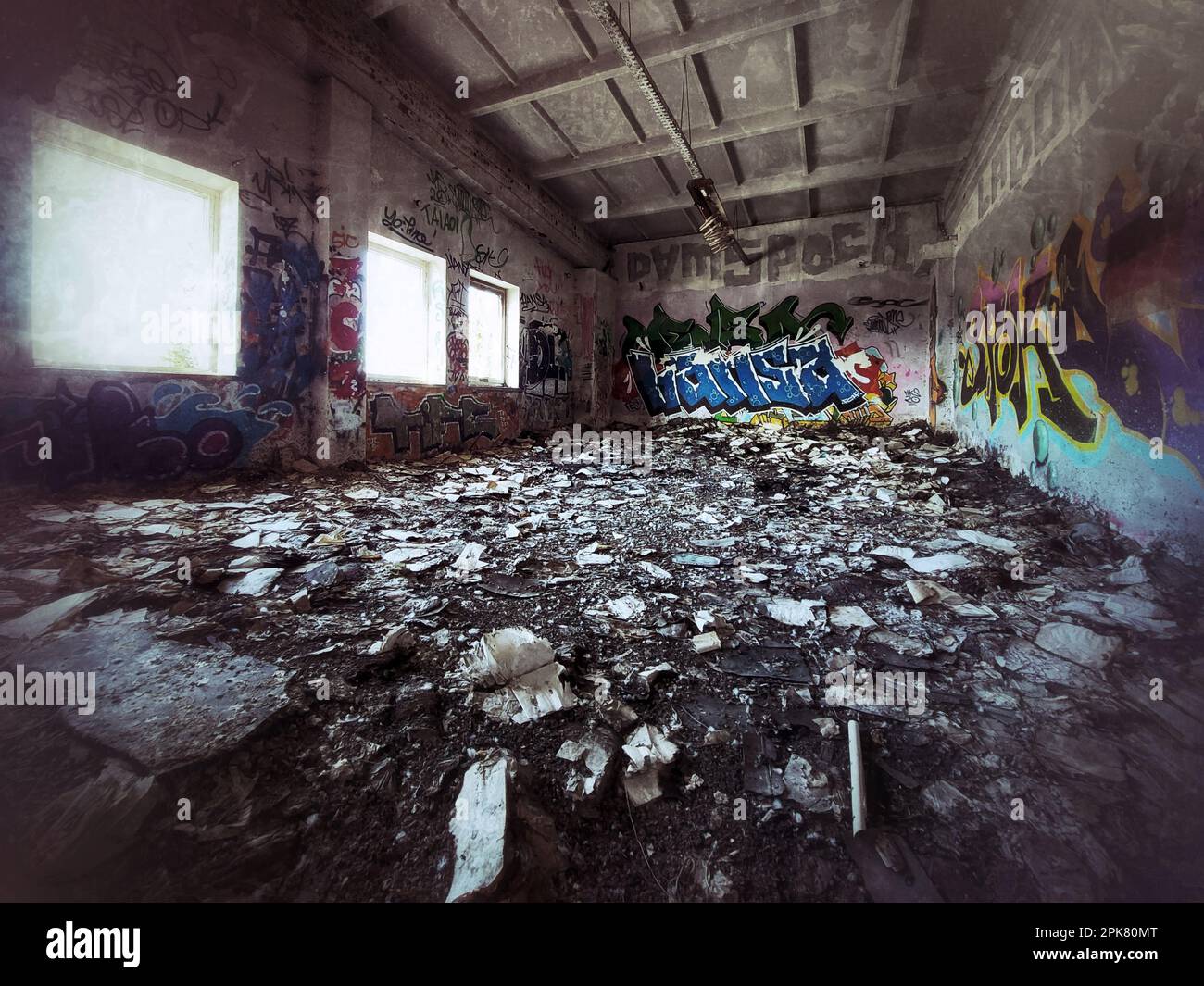 Grungy shot of ruined factory room full of trash Stock Photo - Alamy