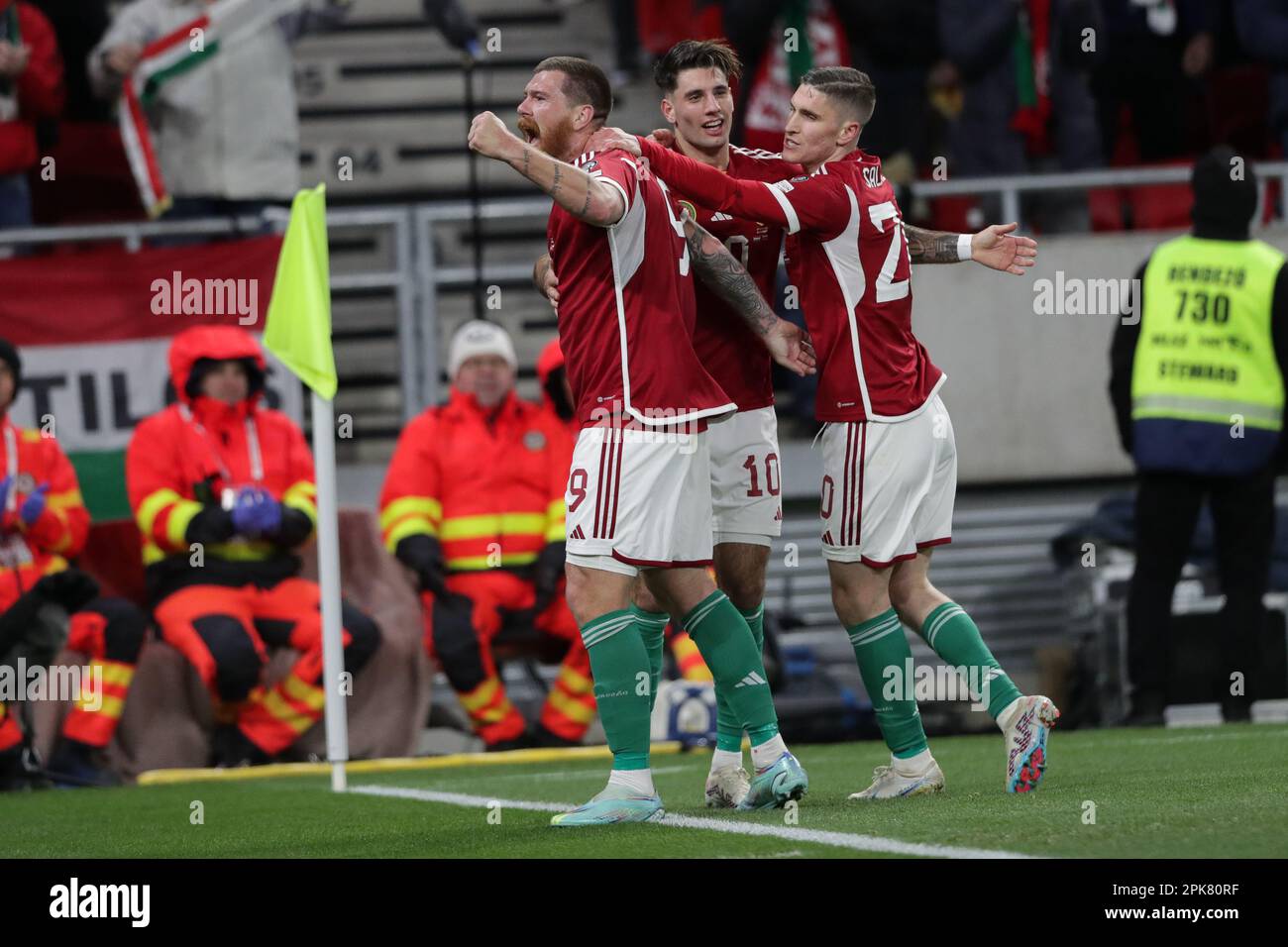 Budapest, Hungary. 27th Mar, 2023. A group of Hungarian soccer players ...